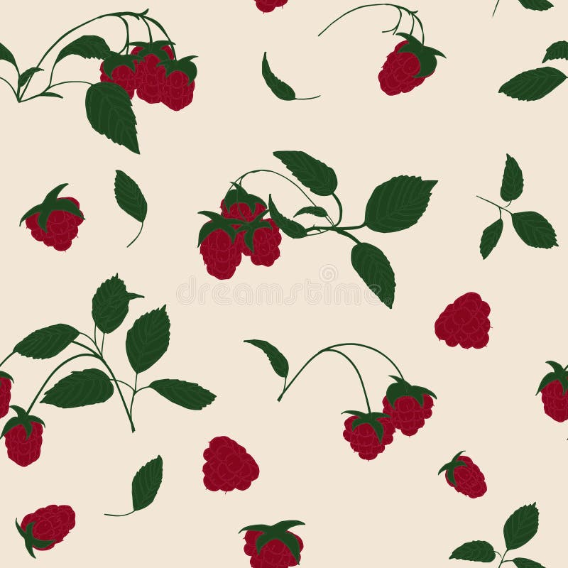 Seamless Pattern with Red Raspberries on Branches with Green Leaves ...