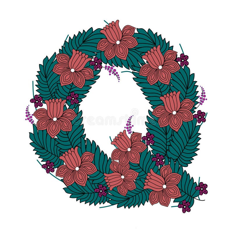 Flower Letter Q with Leafs and Branches. Stock Vector - Illustration of ...