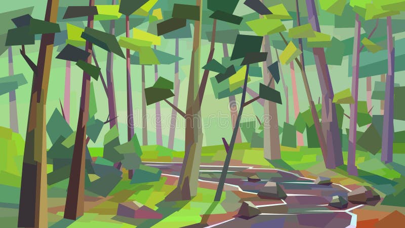 Low Poly Bright Forest with Stream Stock Vector - Illustration of plant ...