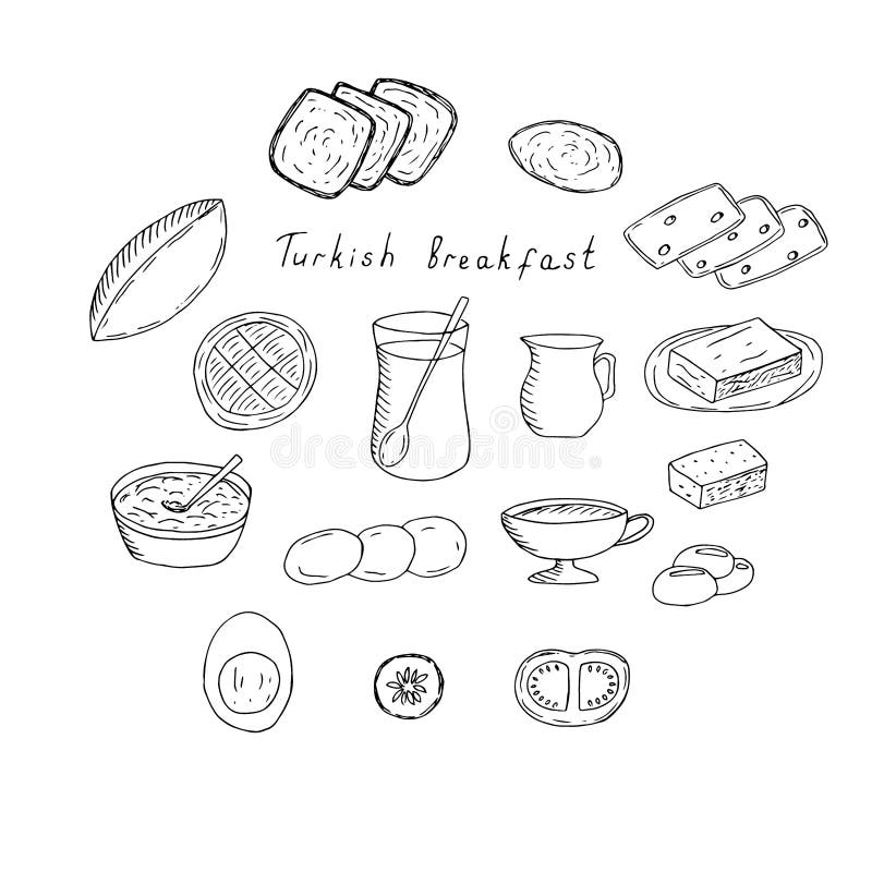 Turkish Breakfast Set, Vector Illustration, Hand Drawing Stock ...
