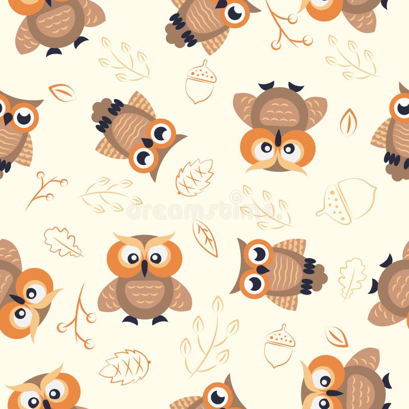 Forest Theme Seamless Pattern with Owls. Hand Drawn Illustration Stock ...