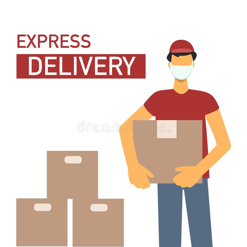 Express Delivery with Courier in Uniform and Medical Mask with Package ...