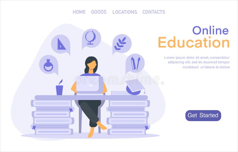 Online Training Flat Design. Woman Character is Sitting at Desk with ...