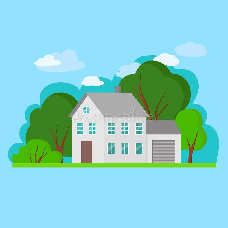 Simple Gray Flat Gray House with Green Trees and Blue Sky. Stock Vector ...