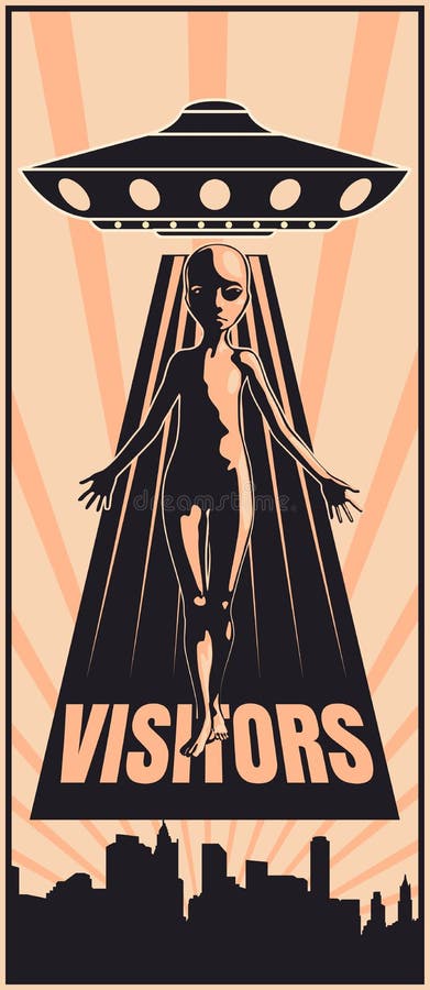 Alien Visitors Come To City, UFO, Alien and Cityscape. Vector Image ...