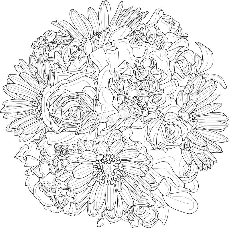 Mix Flowers Bouquet with Roses and Gerbera Daisy Sketch. Vector ...