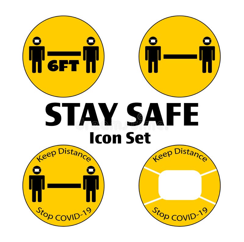 Stay Safe Icon Set of Yellow Warning Button Icons for Opening Again ...