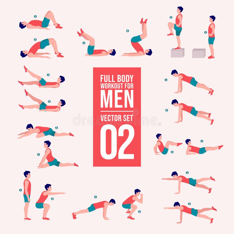 Men Workout Set. Men Exercise Vector Set. Men Doing Fitness and Yoga ...