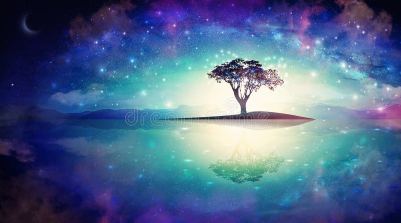 Meditation Tree Under Stars, Water Mirror, Tree of Knowledge, Cosmos ...