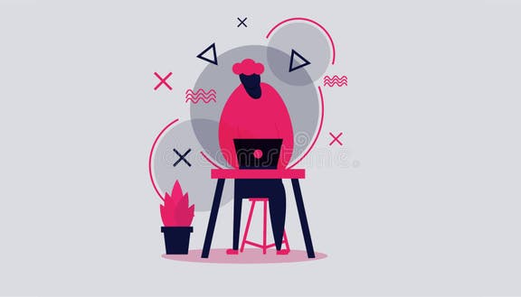 A Guy with Magenta Pink T-Shirt and Jet Black Trousers Working Flat ...