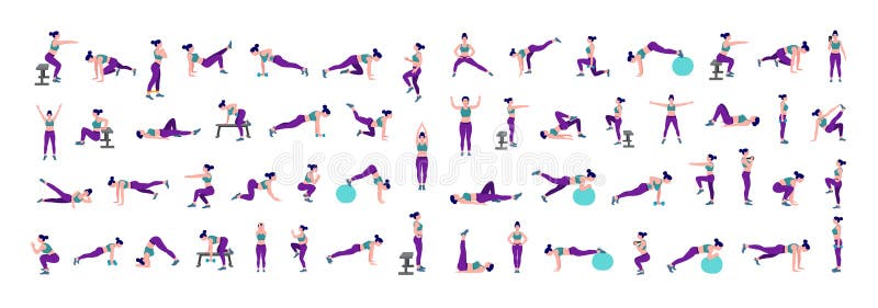 Women Workout Set. Women Exercise Vector Set. Women Doing Fitness and ...