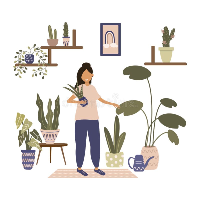 Crazy Plant Lady at Greenhouse or Home Garden. Stock Vector ...