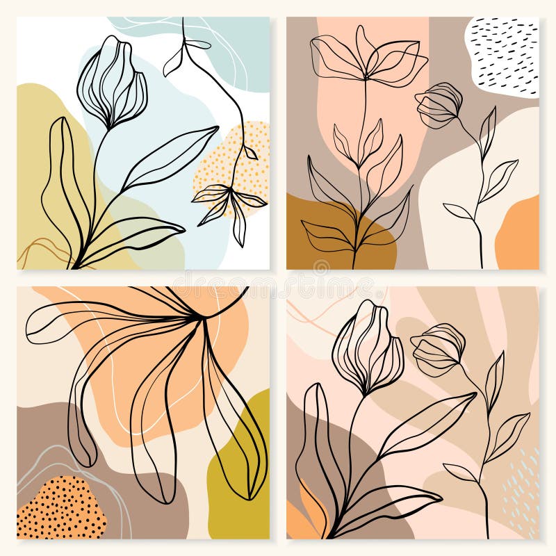 Abstract Line Art Backgrounds, Posters Wall Art Set with Flowers and ...