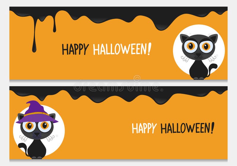Happy Halloween Website Header Set with Cute Black Cat. Stock Vector ...