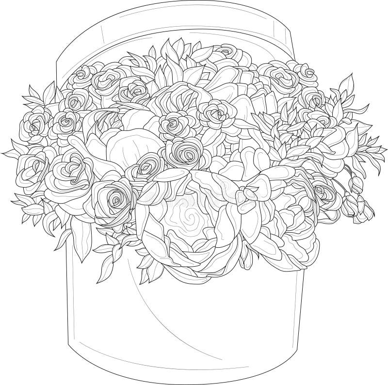 Realistic Mix Flower Bouquet with Roses, Peony and Leafs in Box Sketch ...