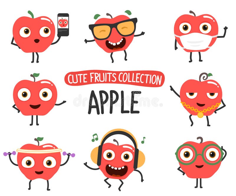 Cute Apple Cartoon Characters Set. Stock Vector - Illustration of comic ...