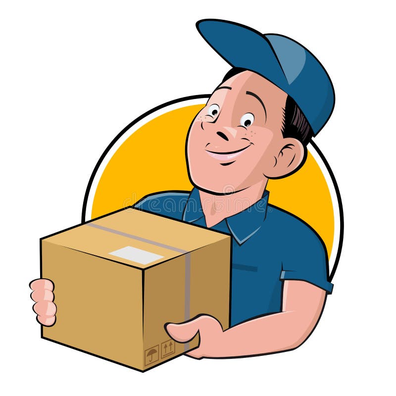 Funny Cartoon Logo of a Delivery Guy with Parcel in a Badge Stock ...