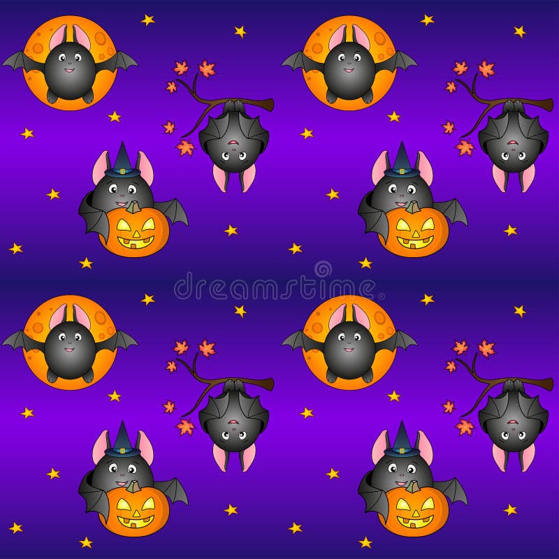 Halloween Seamless Vector Pattern with Fat Bats, Moon, Pumpkin and ...