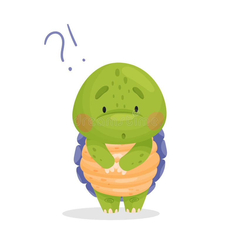 Green Turtle Stands in Surprise. Question and Exclamation Mark Above ...