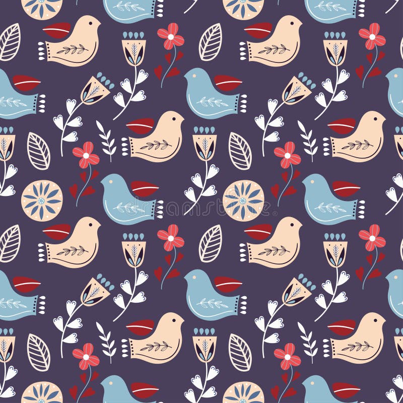 Decorative Seamless Pattern with Birds, Flowers and Traditional ...