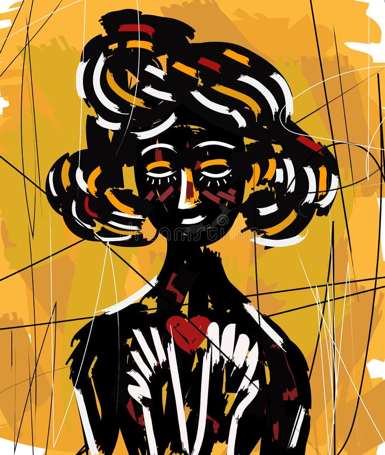 Beautiful Expressionist Doodle Girl with a Cute Heart Stock Vector ...