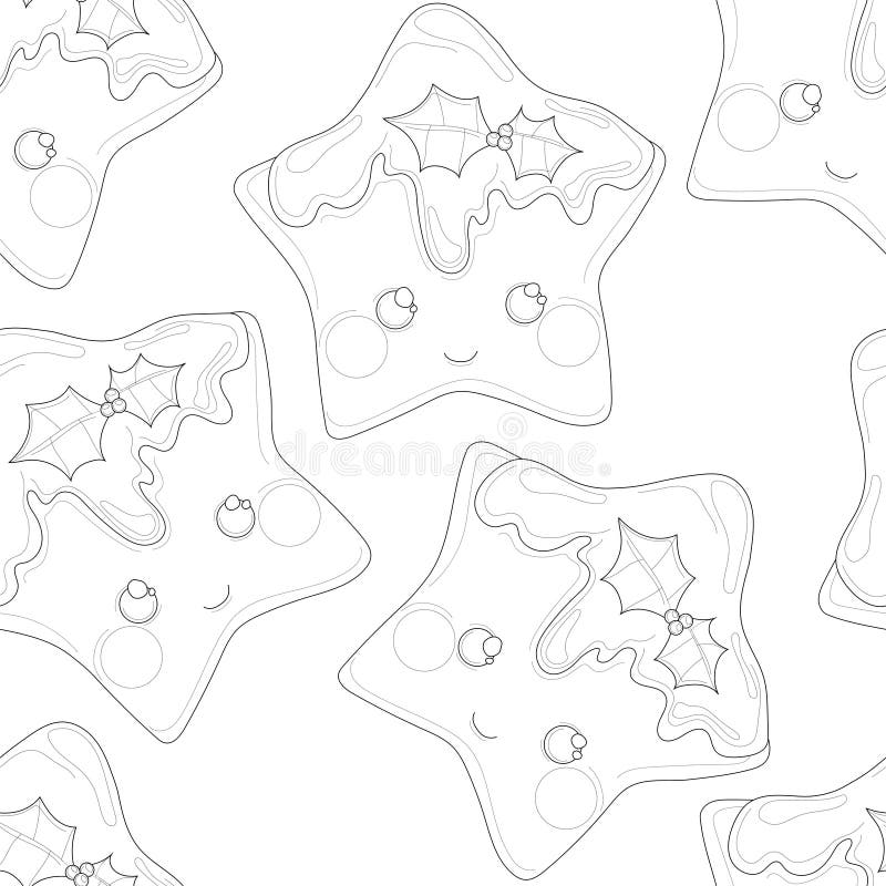 Cartoon Cute Gingerbread Stars with Mistletoe Seamless Pattern Sketch ...