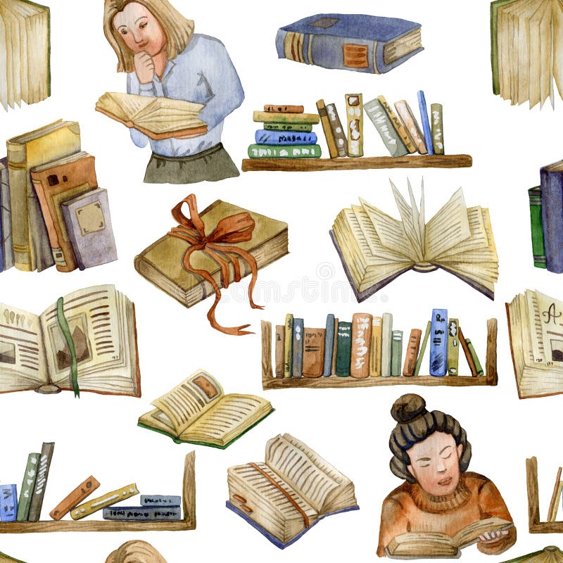 Seamless Pattern with Book Shelves, Reading People, Open Books, Ribbons ...