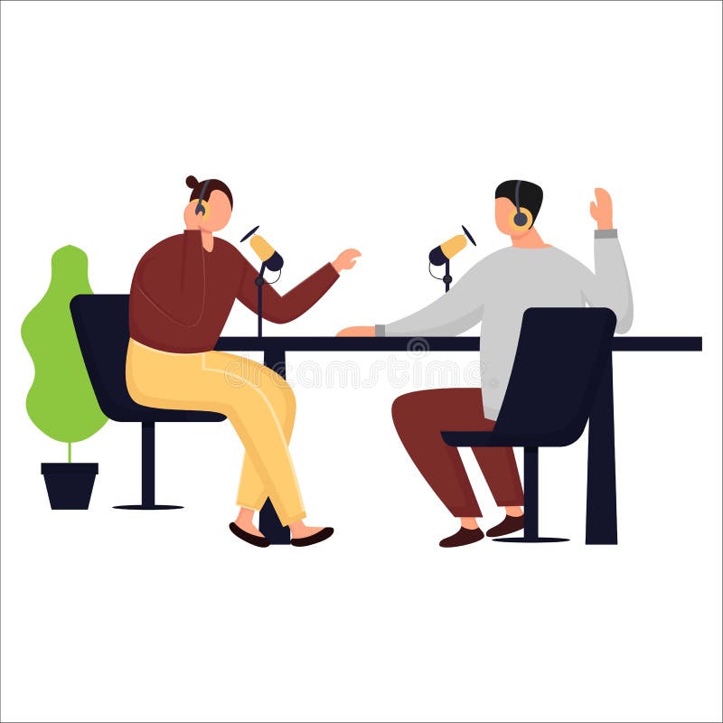Cartoon Smiling People Listening and Recording an Audio Podcast Stock ...