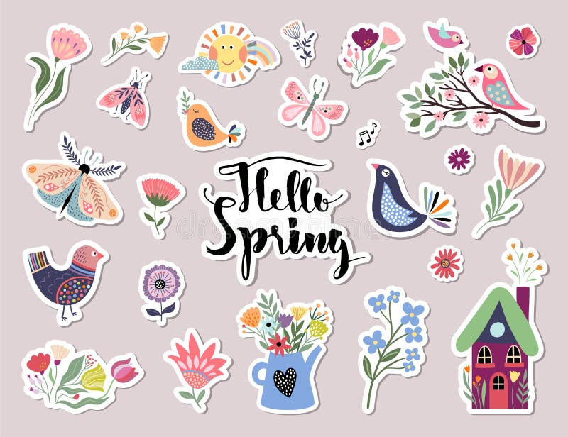 Springtime Stickers, Magnets Collection with Decorative Floral Design ...