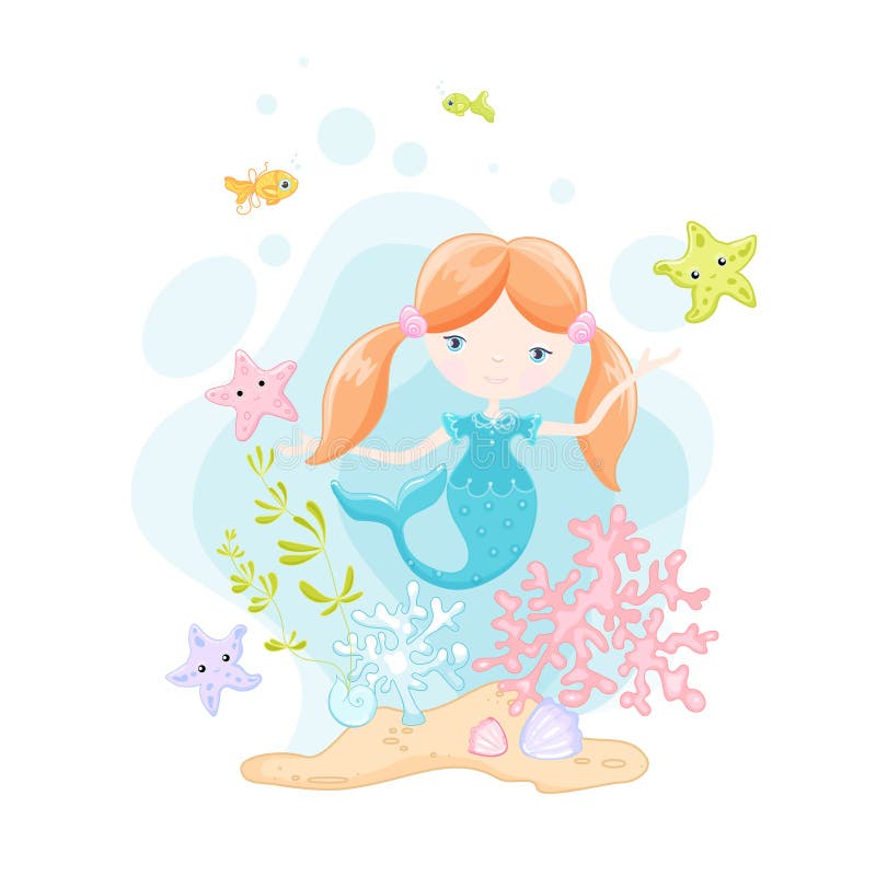 Cute Little Red Hair Cartoon Mermaid and Star Fishes Vector Colorful ...