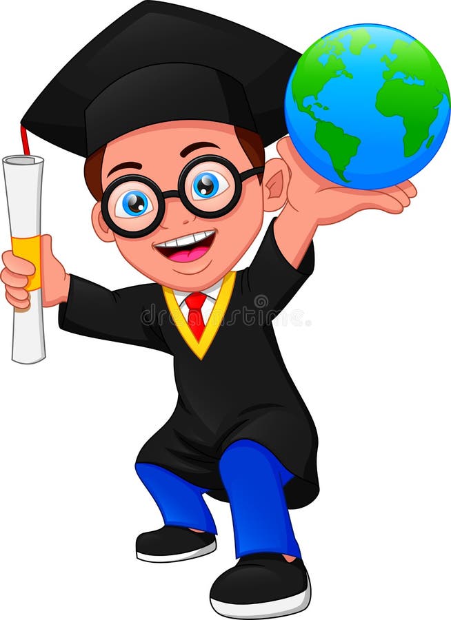 Cartoon Boy in Graduation Costume and Holding a Globe Stock Vector ...