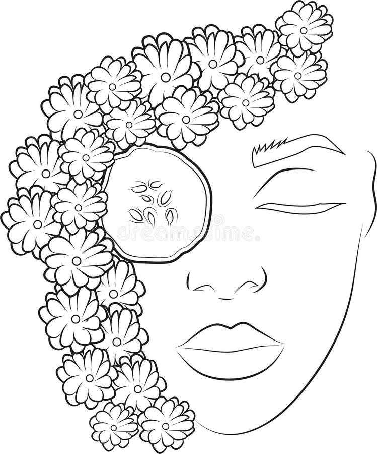 Coloring Page with Female Face, Cucumber and Flowers Stock Illustration ...