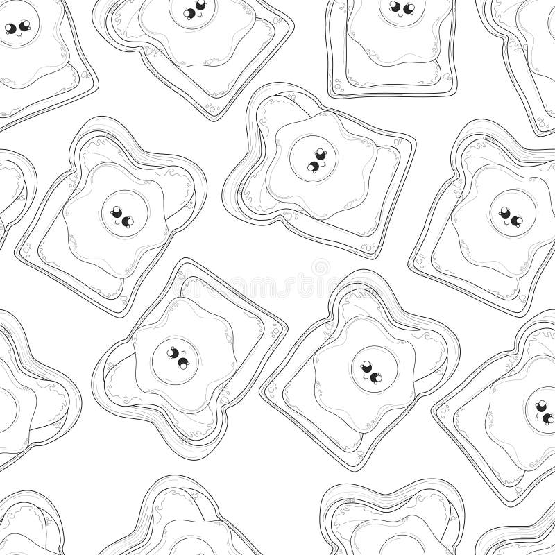 Cartoon Toast with Spread, Butter and Fried Egg Seamless Pattern Sketch ...