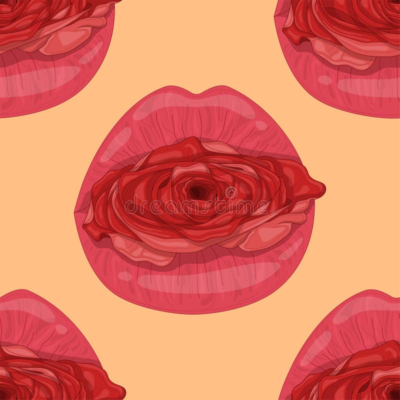 Realistic Bright Pink Lips and Red Rose Flower Seamless Pattern ...