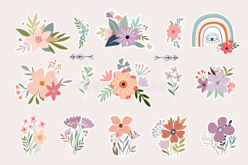 Floral Stickers Collection with Decorative Flowers Arrangement and ...