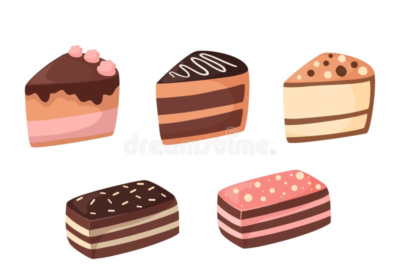 Set of Cartoon Pieces of Cake. Vector Illustration of Sweets and ...