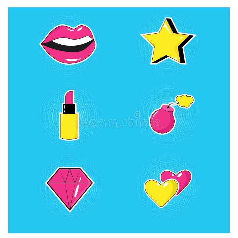 Pop Art Stickers. Lips, Lipstick, Ruby, Bomb, Heart, Star. Background ...