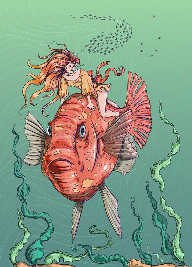 Girl with Flowing Hair Swims Sitting on a Huge Fish and a Flock of ...