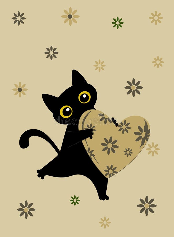 Black Cat and Spring Flower Heart Brown. Valentine`s Card. Stock Vector ...