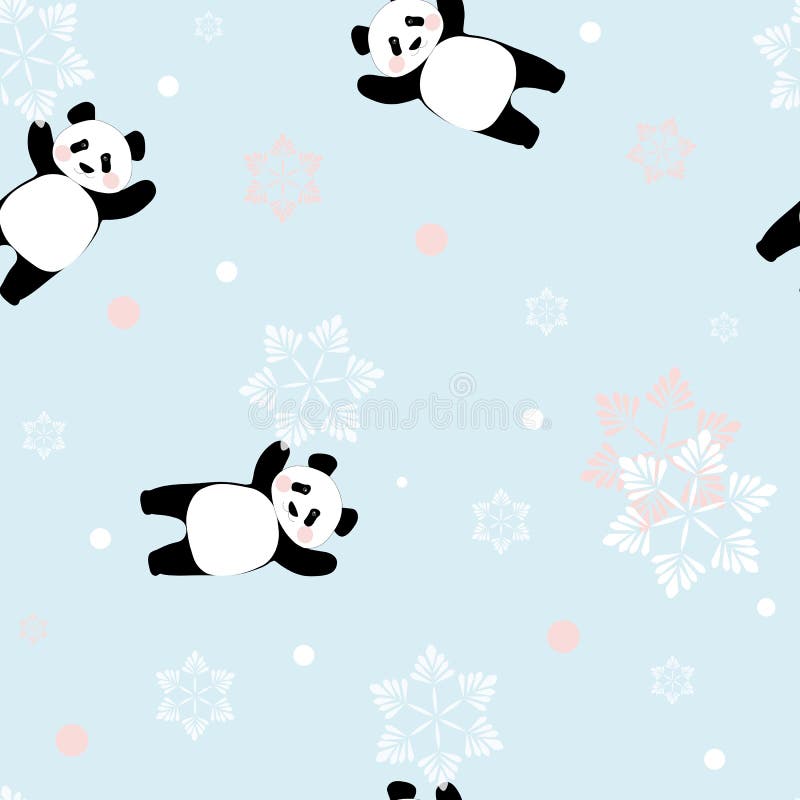 Seamless Pattern with Chinese Cute Pandas and Snowflakes on a Blue ...