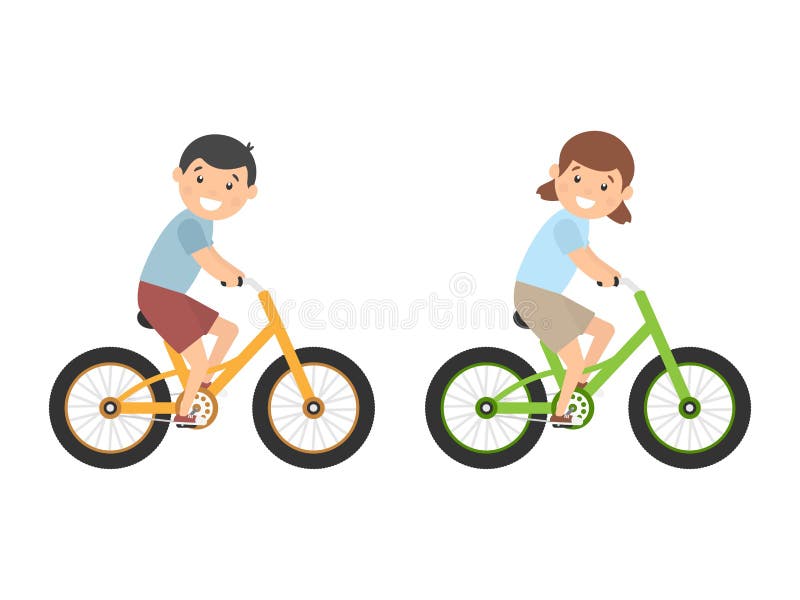 Cute Happy Children Riding Bicycles. Girl and Boy Ride Bikes. Healthy ...