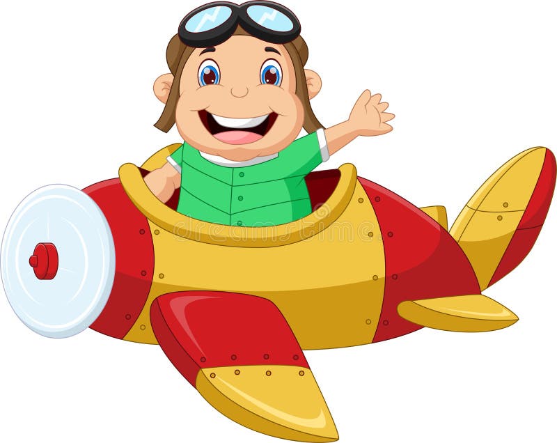 Cartoon Boy Riding a Plane and Waving Stock Vector - Illustration of ...