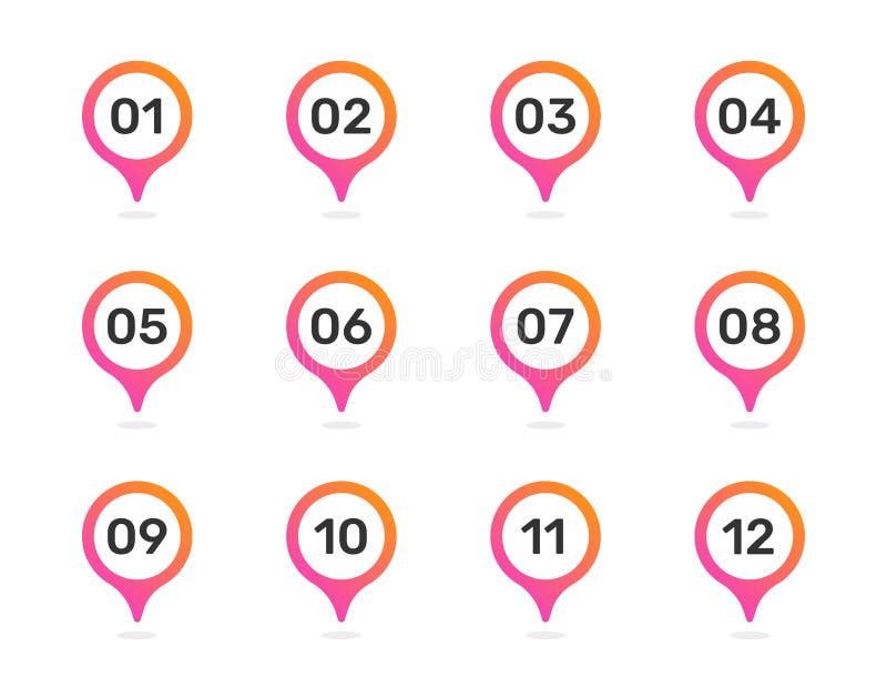 Set Number on Pin Bullet Point in Color Markers 1 To 12. Vector ...