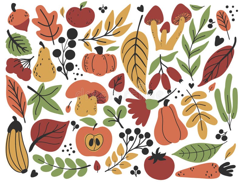 Fall hand drawn flat set stock vector. Illustration of decoration ...