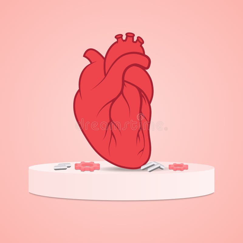 The Symbol of the Human Heart, Gears and Pills on the Stand. Stock ...