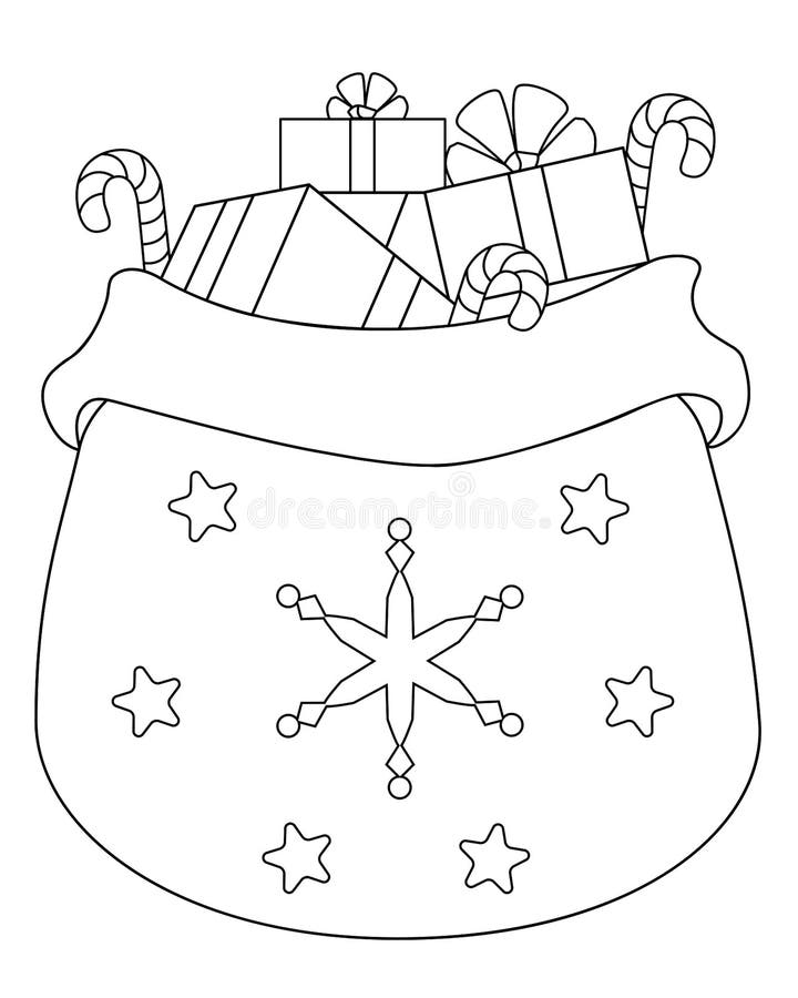 Santa Claus Sack with Gifts - Vector Linear Illustration for Coloring ...