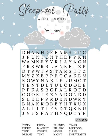 Sleepover Party Word Search Puzzle. Printable Page for Pajama Party ...