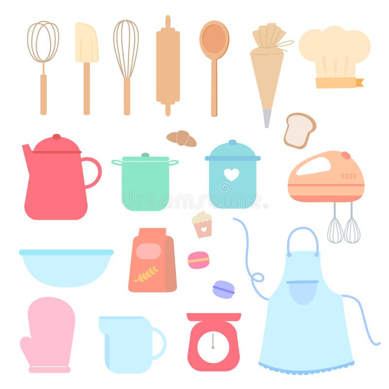 Cute Baking Tools and Ingredients. Stock Vector - Illustration of ...