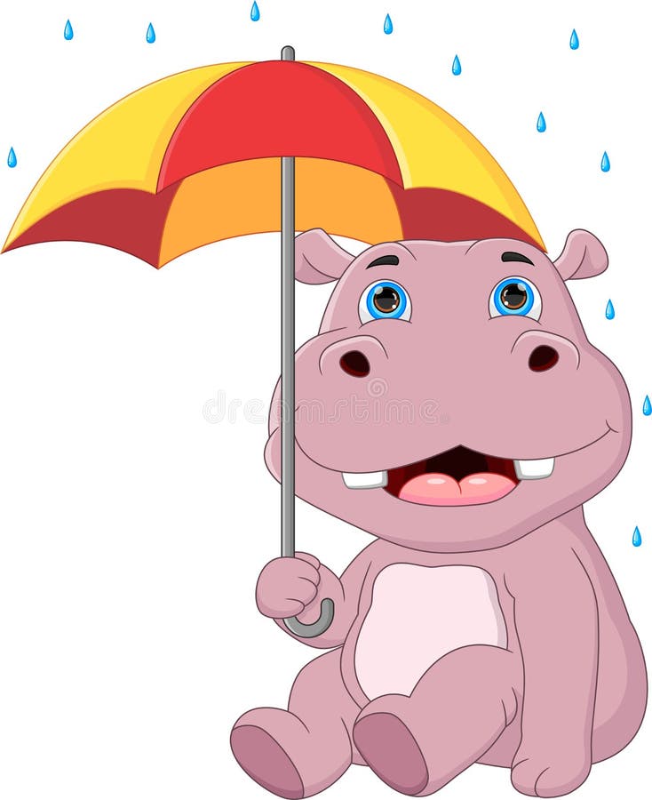 Cartoon Hippo Shelter with Umbrella in the Rain Stock Vector ...