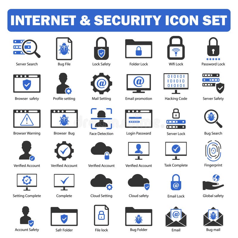 Internet Safety and Security Icon Set Black and Blue Stock Vector ...